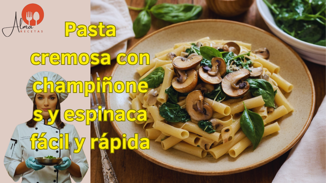 Pasta cremosa con champiñones y espinaca fácil y rápida - Alma Recetas